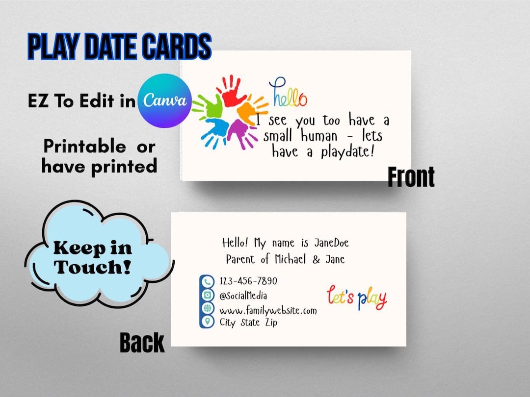 Kids Contact Cards | Playdate Cards | Parent Business Cards | Play Date ...