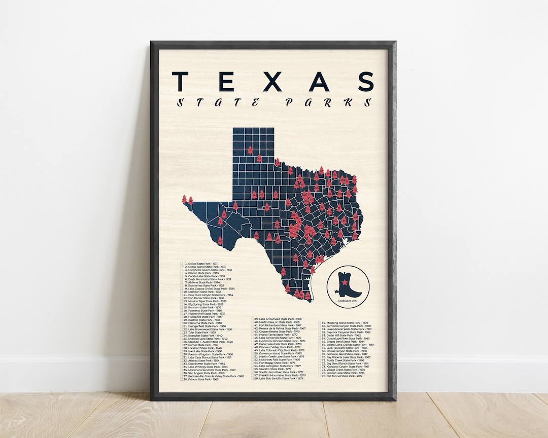 Texas State Park Map Checklist: Retro Adventure Travel Poster - Etsy