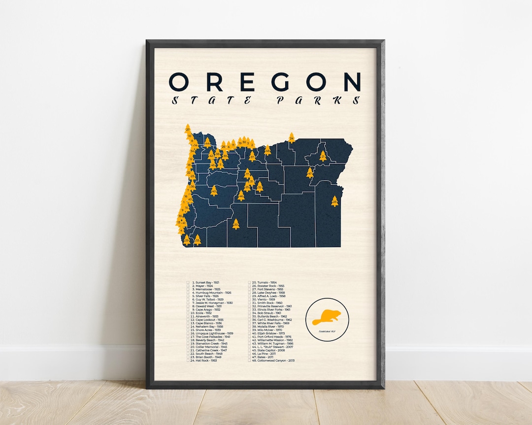 Oregon State Park Map Checklist: Retro Travel Poster - Etsy