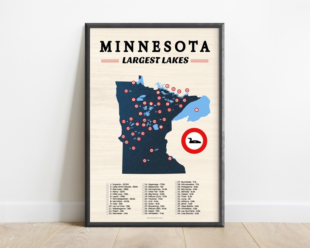 Minnesota Largest Lakes Map, Minnesota Largest Lakes Checklist, MN ...