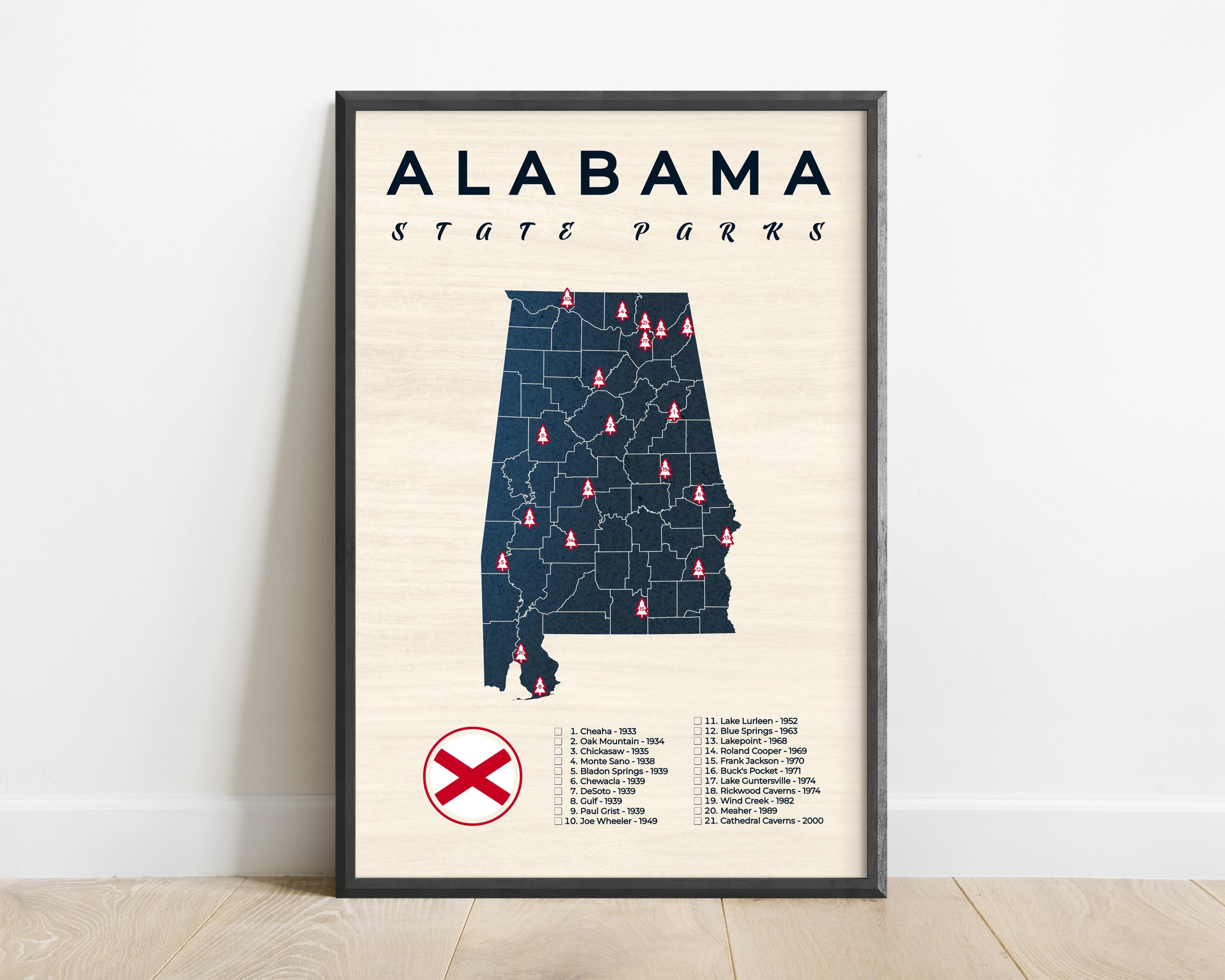Alabama State Park Map Checklist: Retro Adventure Art Poster - Etsy