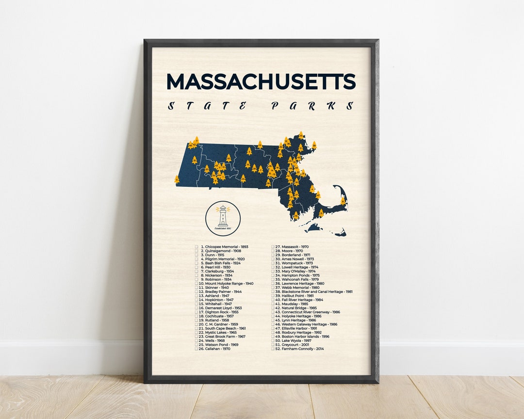 Massachusetts State Park Map Checklist: Retro MA Travel Poster - Etsy