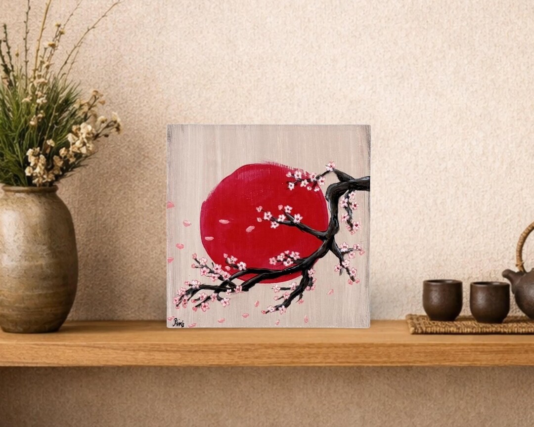Red Sun Sakura Abstract Painting, 6x6 Japanese Zen Wall Art, Minimalist ...