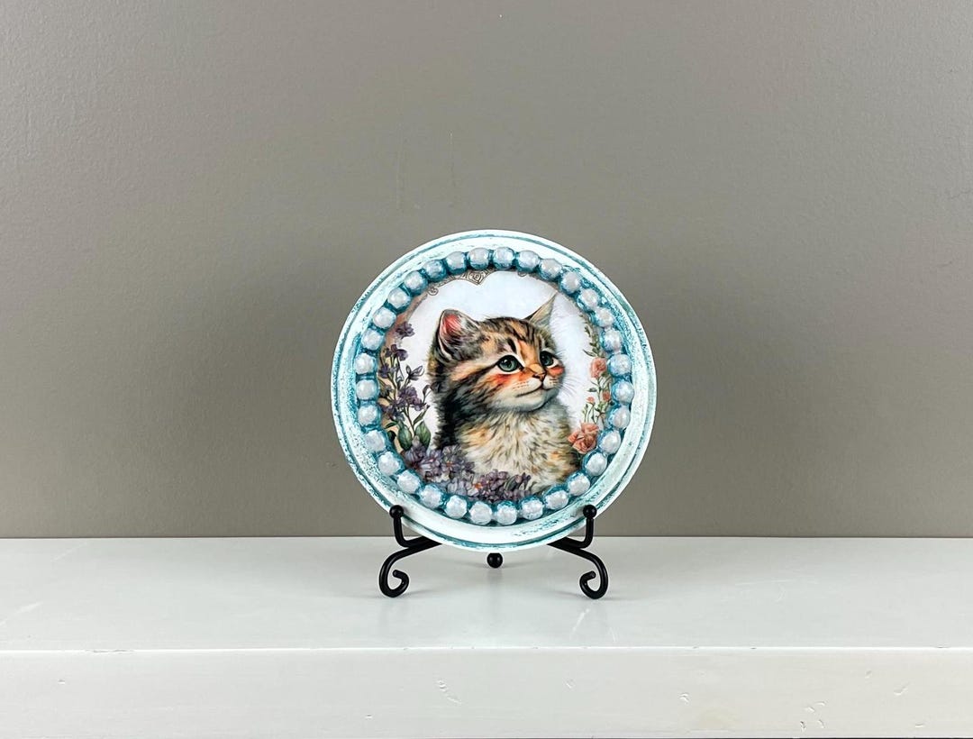 Floral Kitten Wall Decor, 5 Inch Round Wood Plaque, Cottagecore Home ...