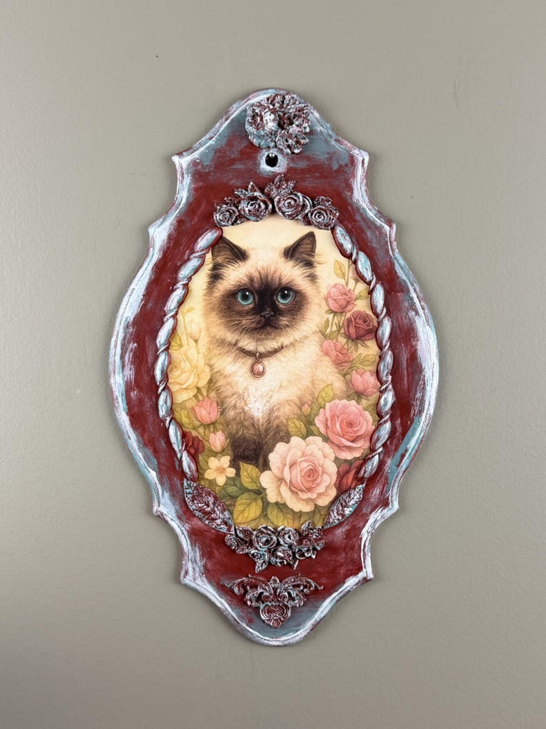 Victorian Ragdoll Cat Plaque, Shabby Chic Wood Panel 8x14, Floral ...