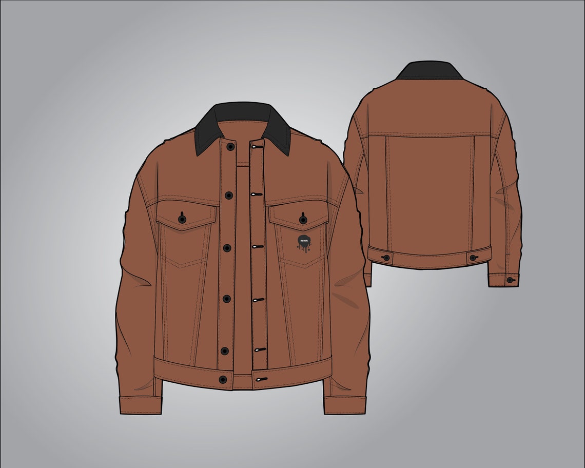 Digital Collard Jacket Tech Pack Vector Design Template Mockup 2d Line ...