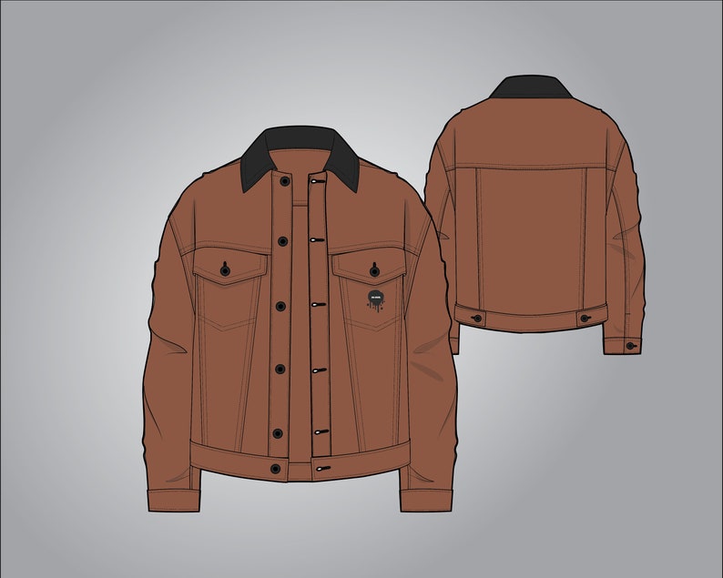 Digital Collard Jacket Tech Pack Vector Design Template Mockup 2d Line ...