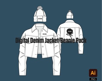 Digital Cropped Denim Jacket Vector Mockup Tech Pack Illustrator ...