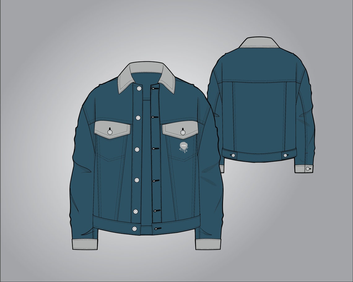 Digital Collard Jacket Tech Pack Vector Design Template Mockup 2d Line ...