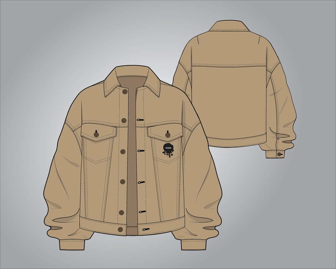 Digital Baggy Denim Jacket Tech Pack Vector Mock up Template ...