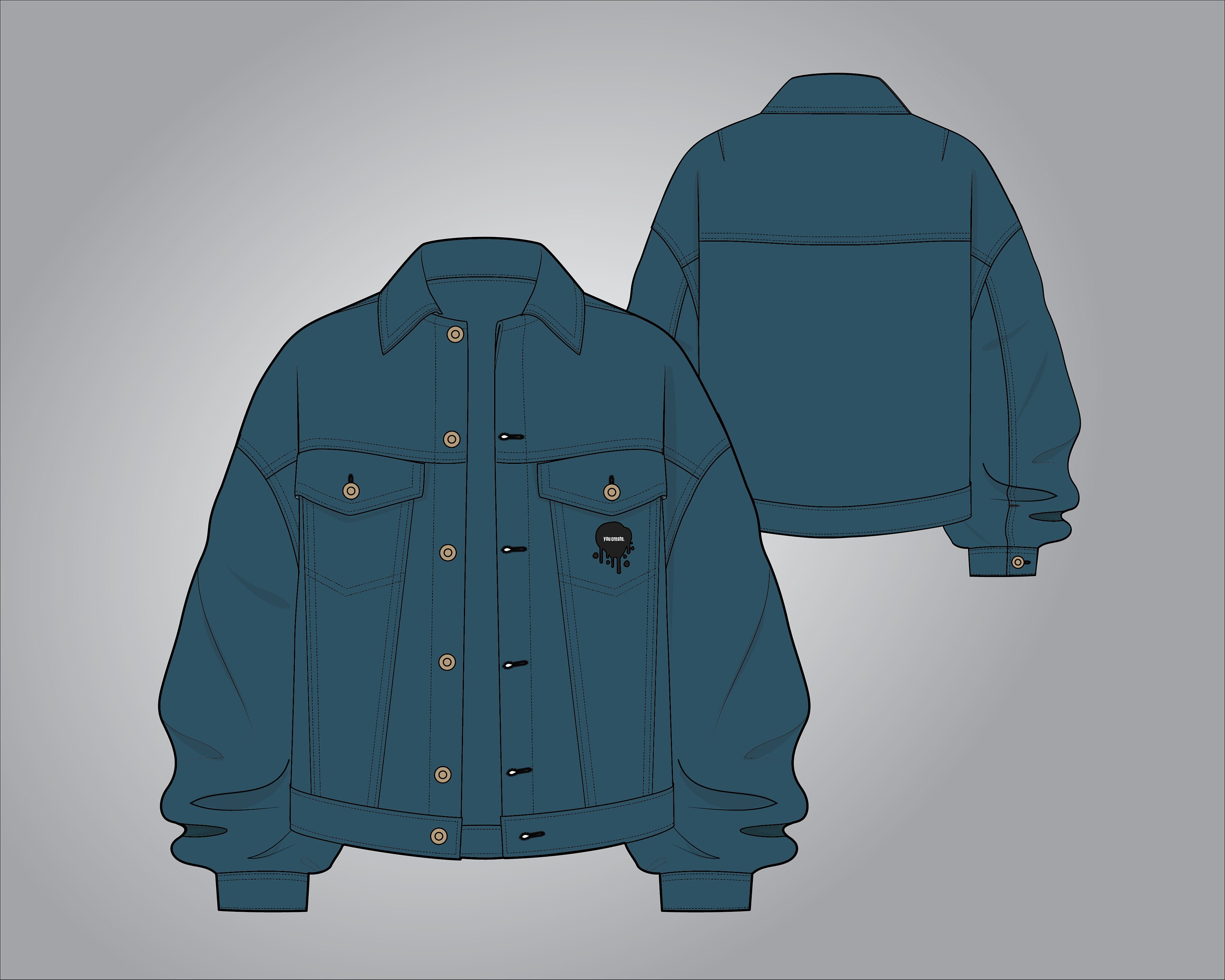 Digital Baggy Denim Jacket Tech Pack Vector Mock up Template ...