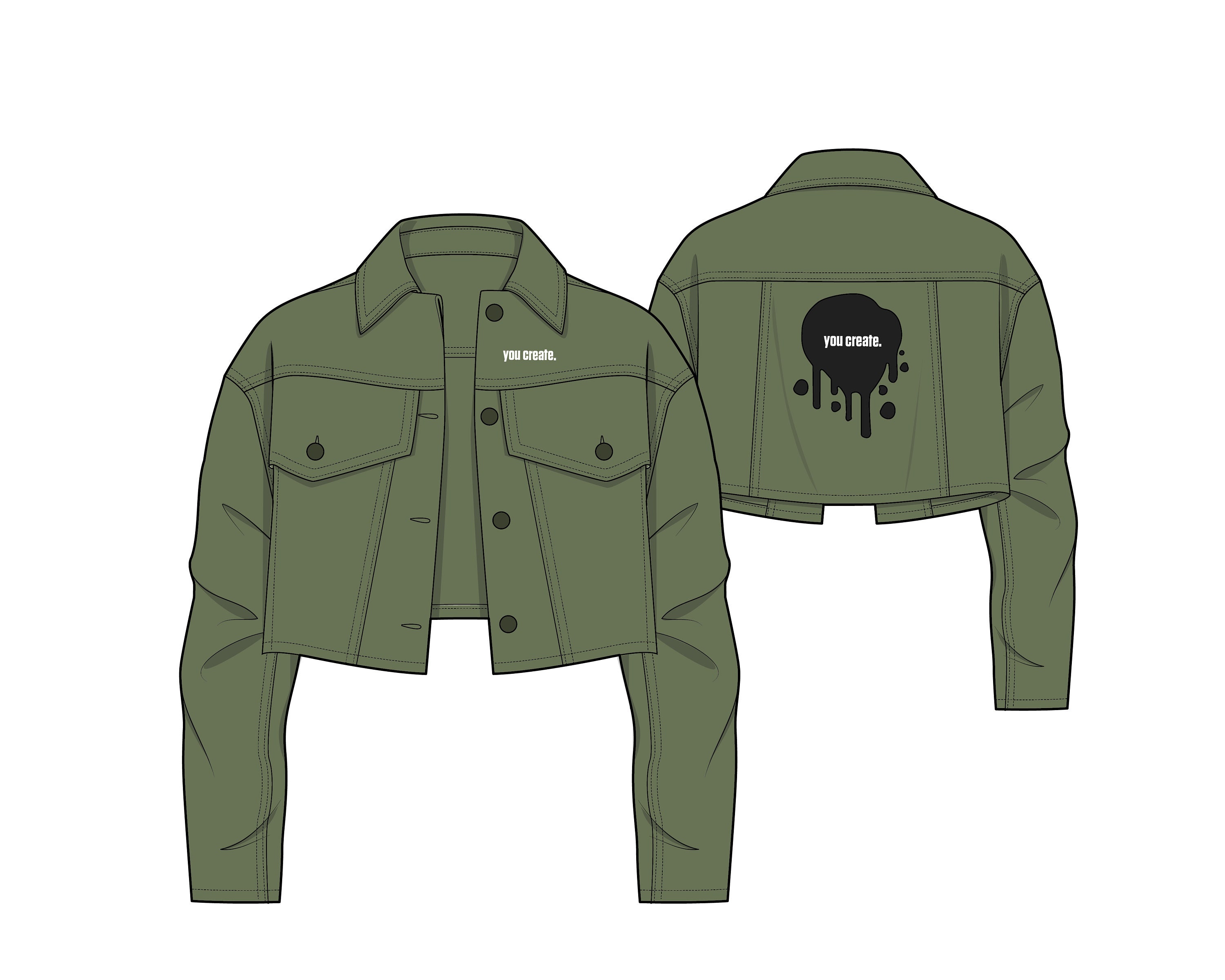 Digital Cropped Denim Jacket Vector Mockup Tech Pack Illustrator ...