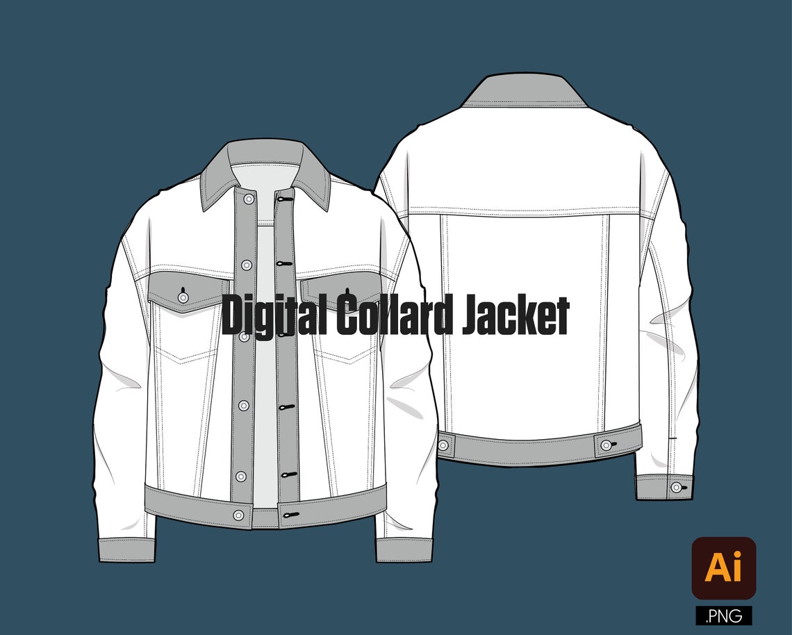 Digital Collard Jacket Tech Pack Vector Design Template Mockup 2d Line ...
