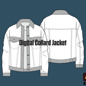 Digital Collard Jacket Tech Pack Vector Design Template Mockup 2d Line ...