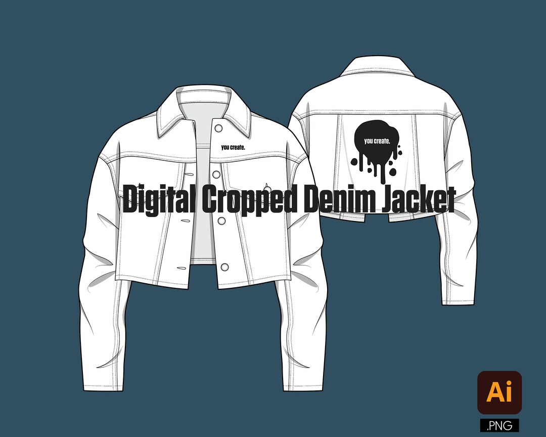 Digital Cropped Denim Jacket Vector Mockup Tech Pack Illustrator ...