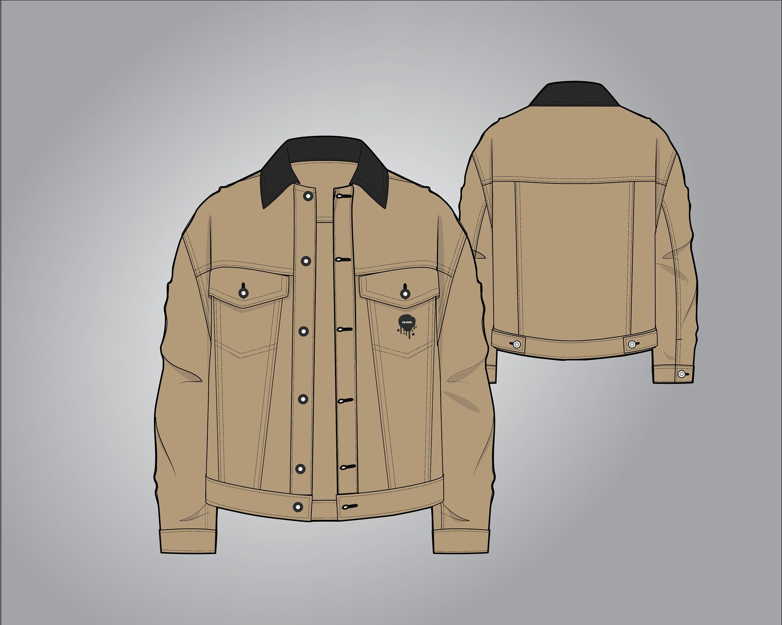 Digital Collard Jacket Tech Pack Vector Design Template Mockup 2d Line ...