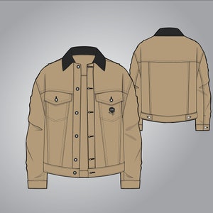Digital Collard Jacket Tech Pack Vector Design Template Mockup 2d Line ...