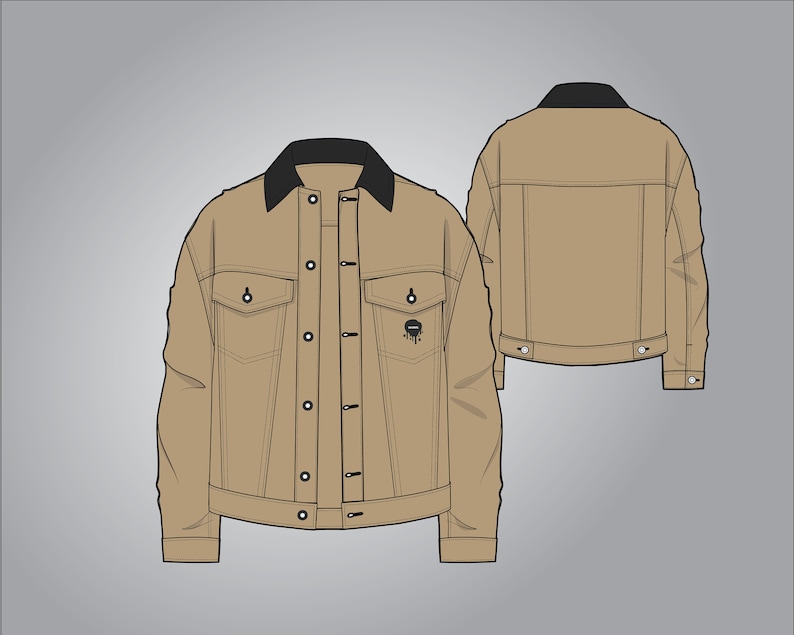 Digital Collard Jacket Tech Pack Vector Design Template Mockup 2d Line ...