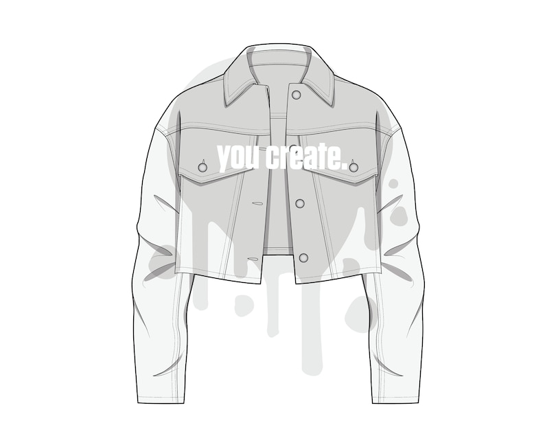 Digital Cropped Denim Jacket Vector Mockup Tech Pack Illustrator ...