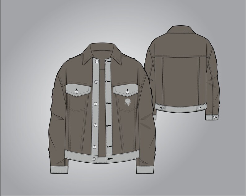 Digital Collard Jacket Tech Pack Vector Design Template Mockup 2d Line ...