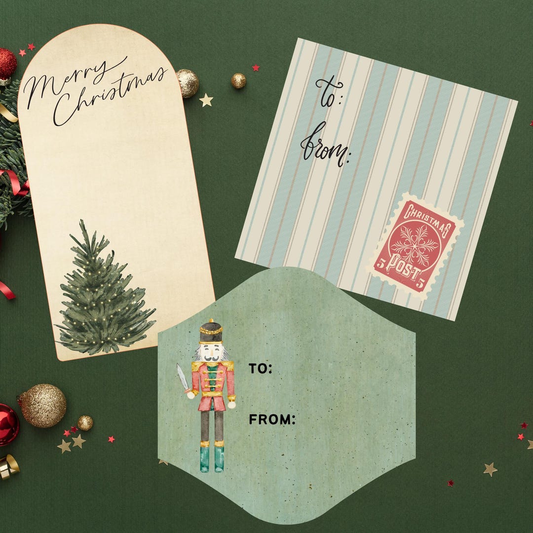 Vintage Christmas Gift Tags, Holiday Labels Christmas Tree Digital ...