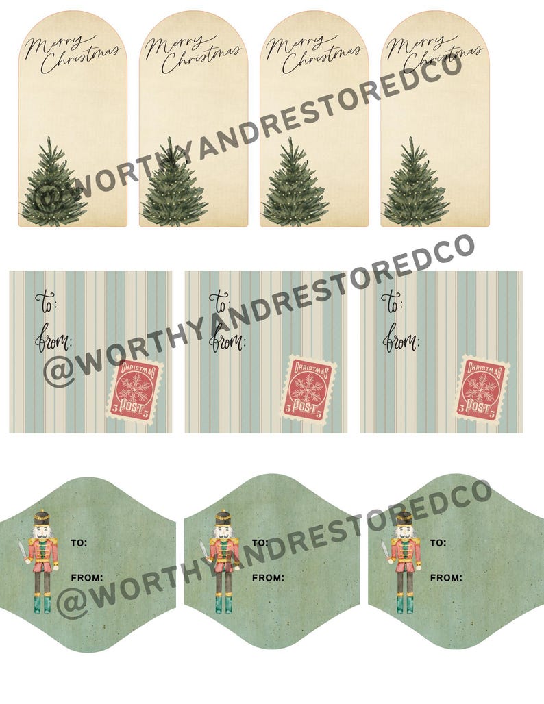 Vintage Christmas Gift Tags, Holiday Labels Christmas Tree Digital ...