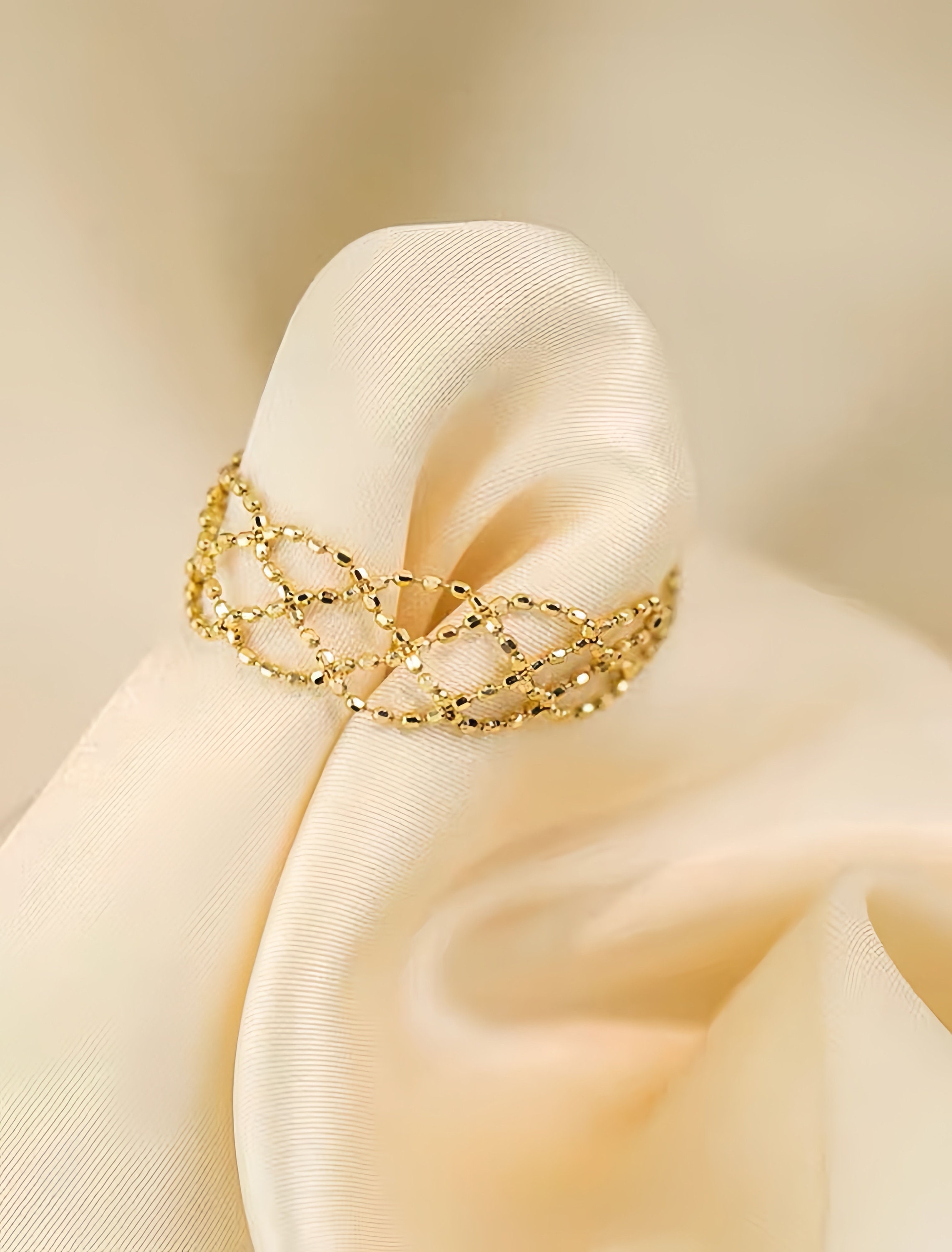 Whimsical Moon Cage: 18K Gold Rice Pearl Woven Mesh Lace Adjustable ...