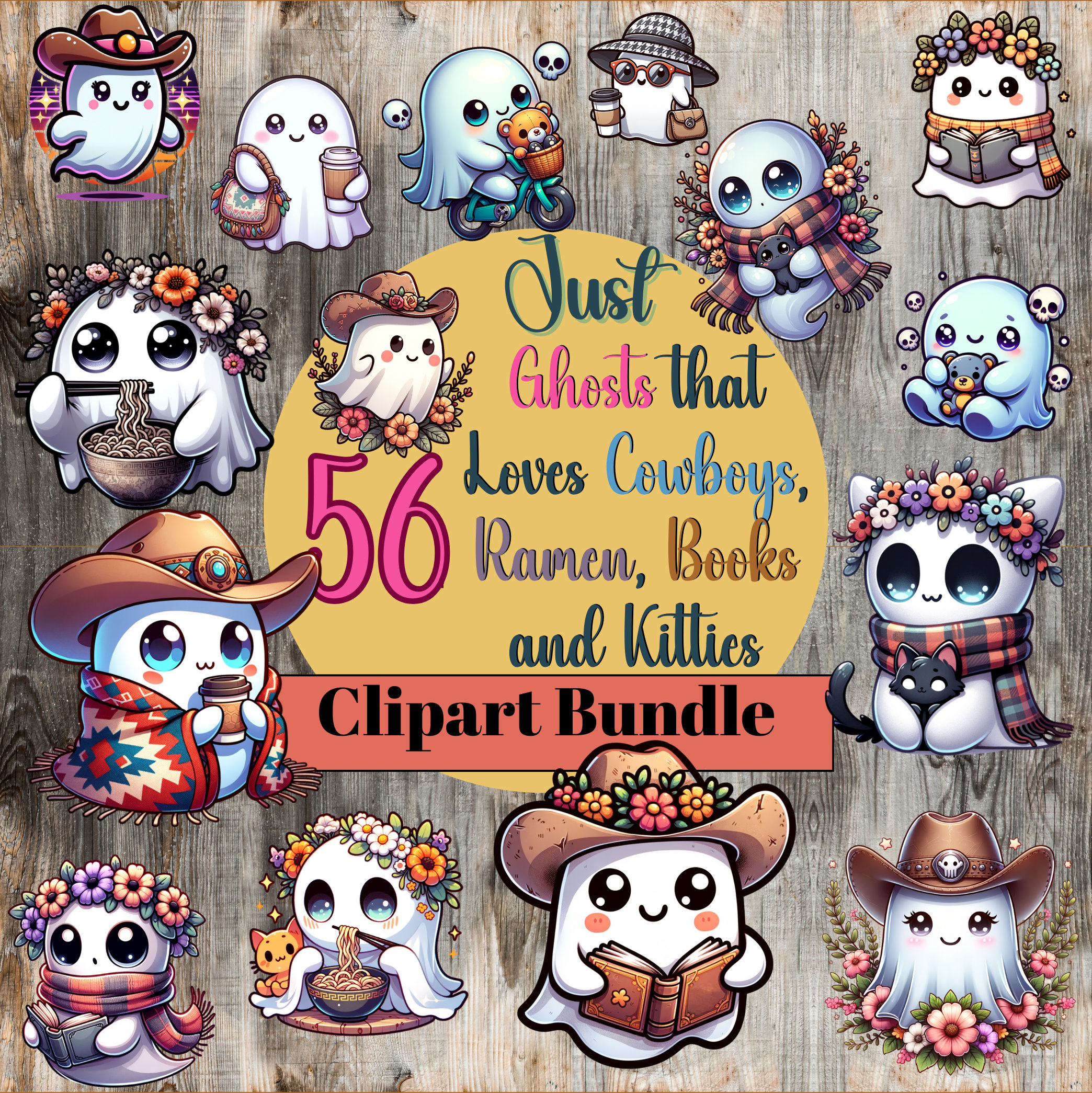 Cute Boho Ghost Clipart Bundle PNG Cowboy Western Ghost, Cute Halloween ...