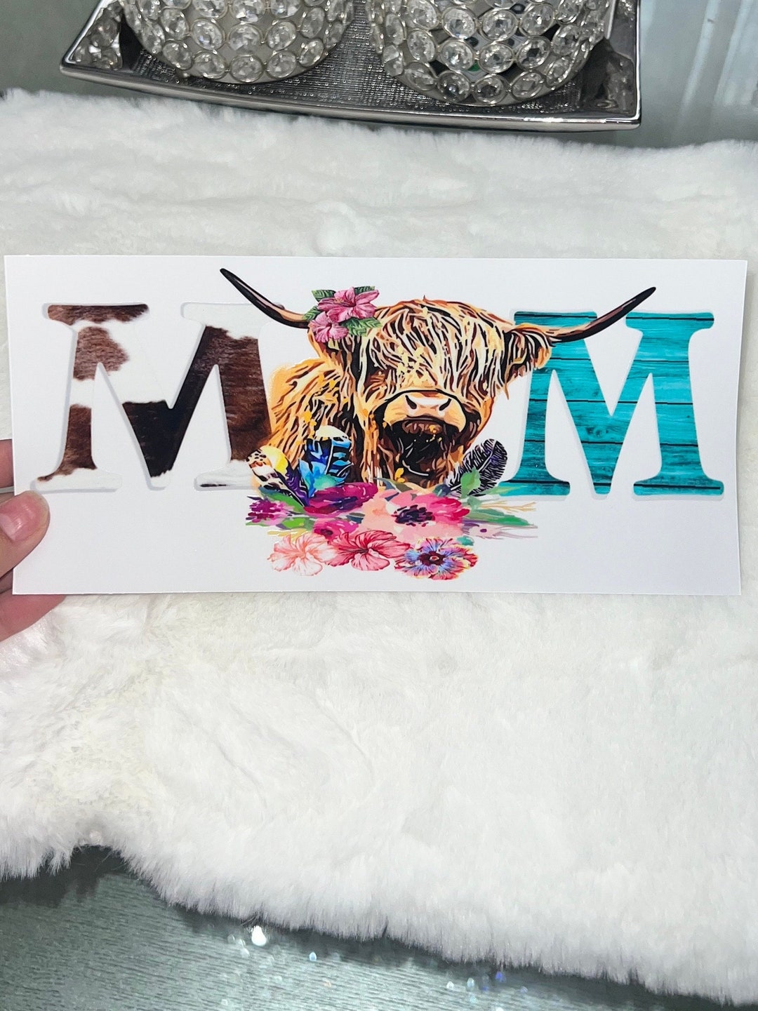 Uv DTF Cute Mom Bison Cow Heifer Floral Flowers 16 Oz Cup Wrap Ready to ...