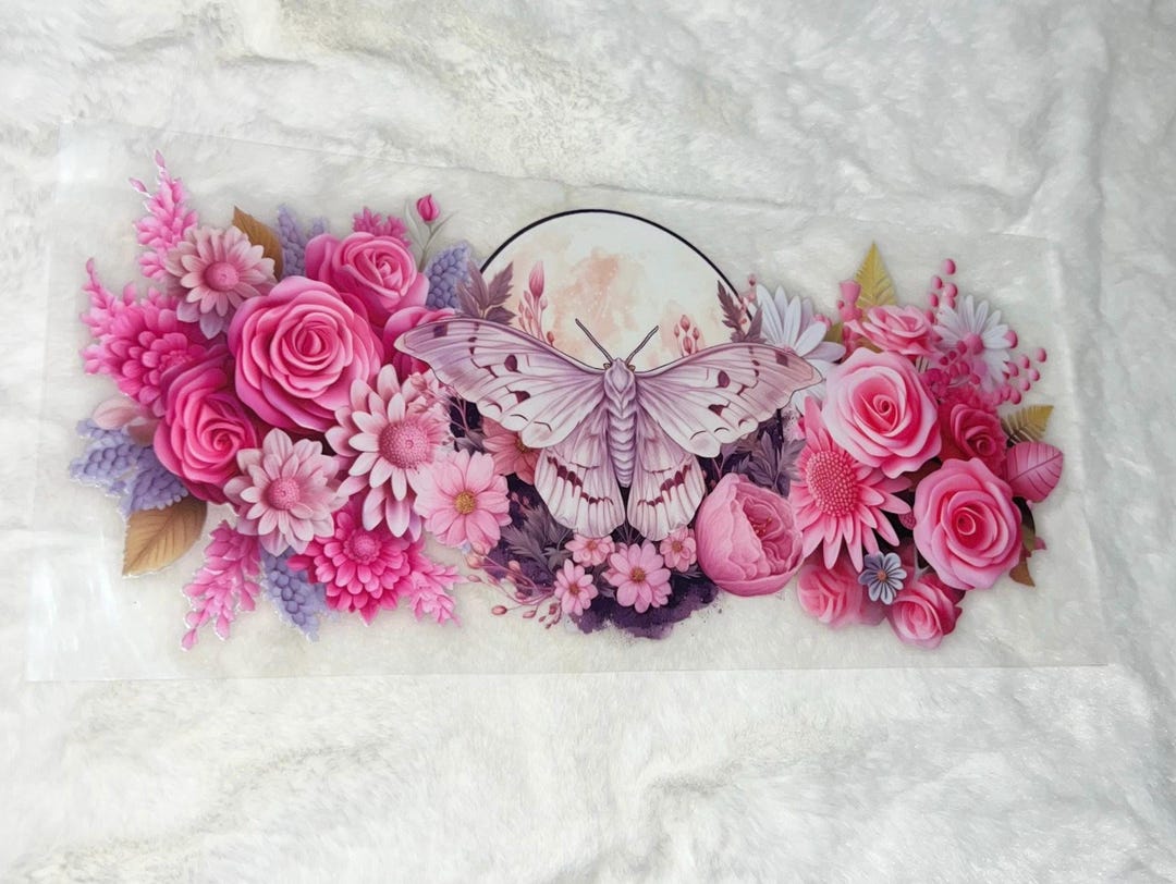 Uv DTF Floral Flowers Moth Pink Flower 3D Realistic Looking 16 Oz Cup ...