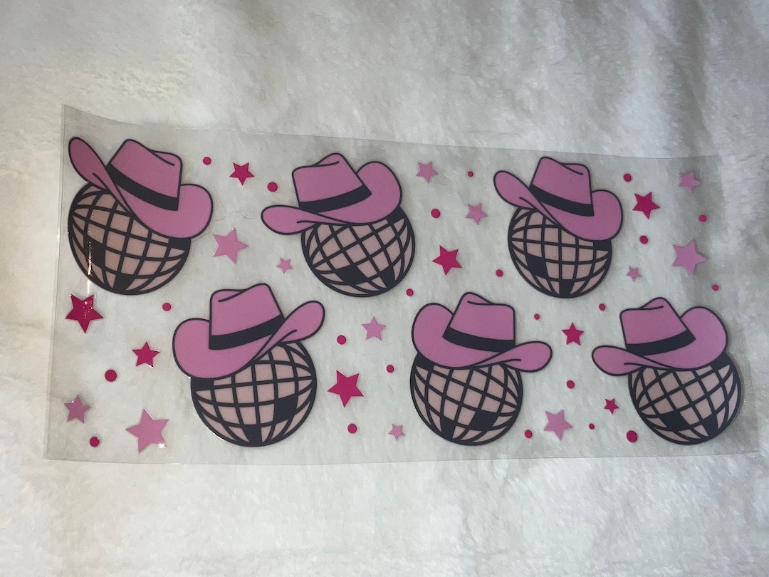 Uv DTF Pink Disco Balls Cowboy Cowgirls Hat Western West 16 Oz Cup Wrap ...