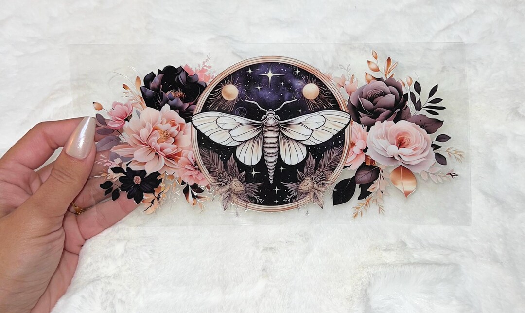 Uv DTF Dark White Moth Floral Flowers 3D Realistic Looking 16 Oz Cup ...
