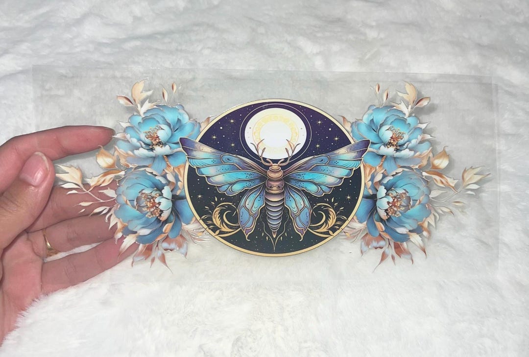 Uv DTF Blue Moth Floral Butterfly Flowers 3D Realistic Looking 16 Oz ...