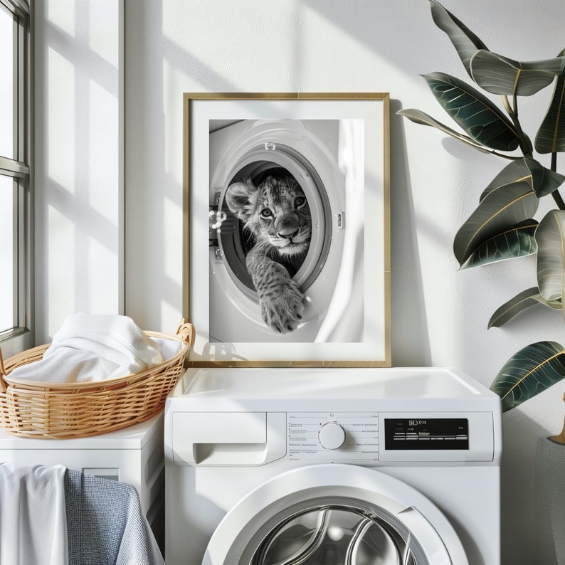 Cute Lion Cub in Washing Machine Print, Laundry Print, Laundry Room ...
