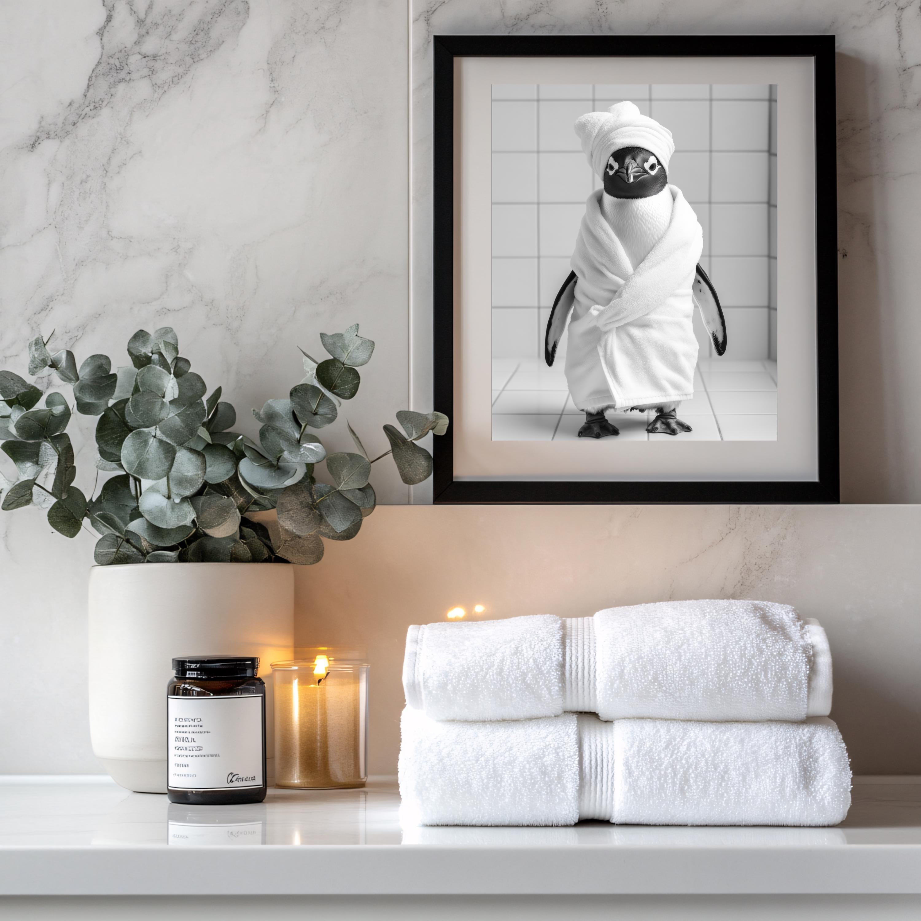 Cute Penguin in Bathrobe and Turban Bathroom Print, Funny Bathroom Art ...