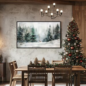 Watercolour Christmas Painting - Snowy Pine Forest Treeline With Deer ...