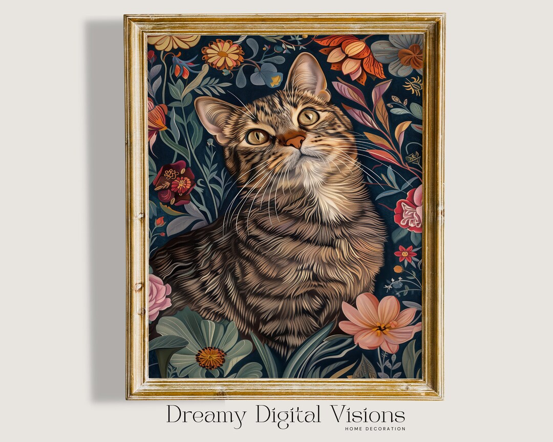 Tabby Cat Art Print William Morris Style, Vintage Floral Feline Wall ...