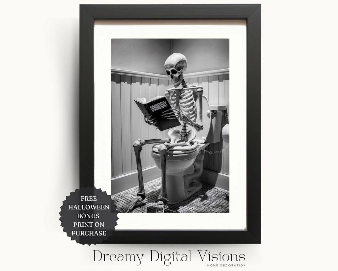 Skeleton on Toilet Bathroom Art Print, Funny Skeleton Print, Goth ...