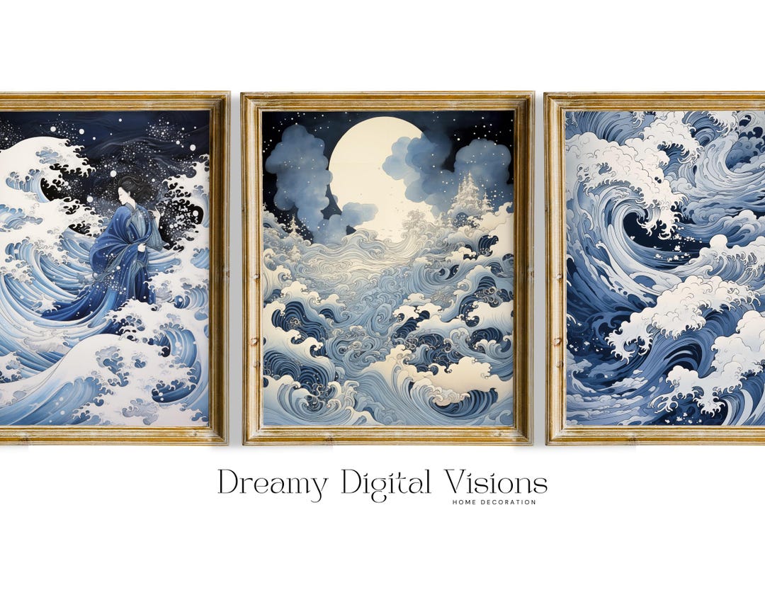 Set of 3 Japanese Style Great Wave Woodblock Prints, Traditional Ukiyo ...