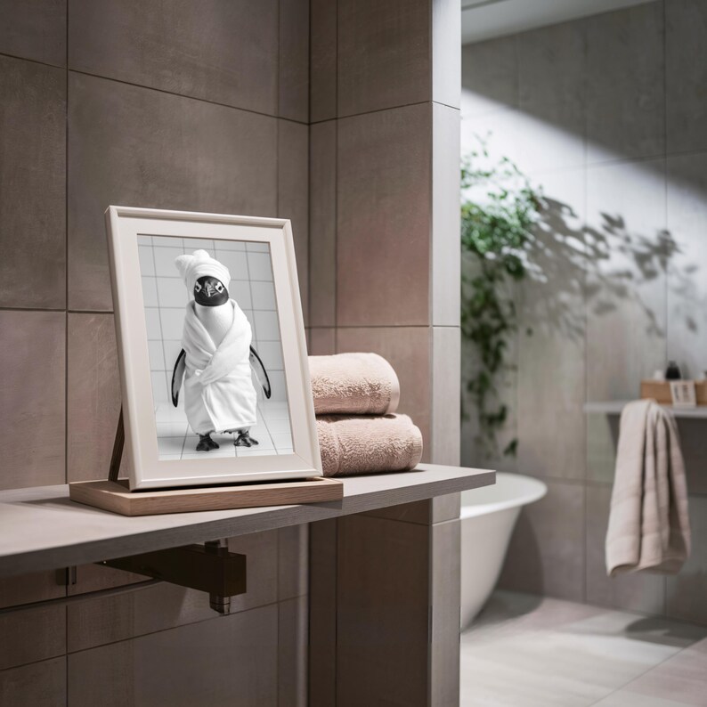 Cute Penguin in Bathrobe and Turban Bathroom Print, Funny Bathroom Art ...