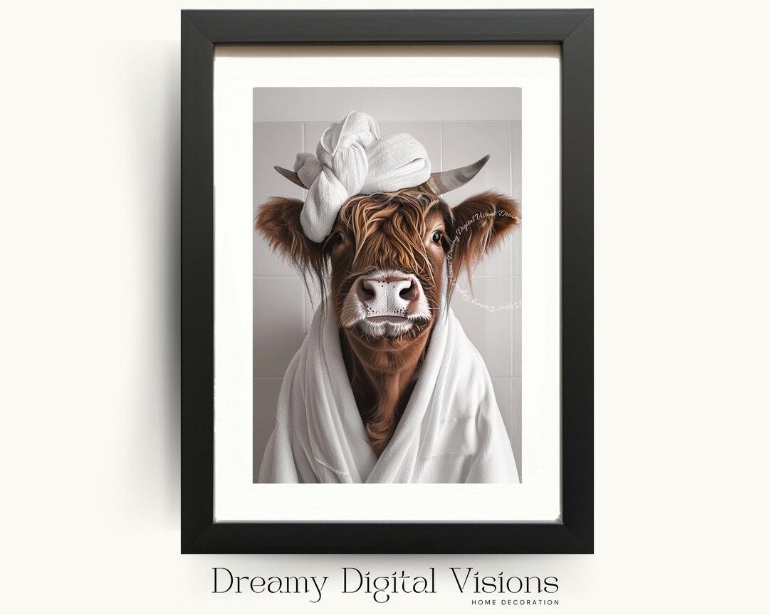Highland Cow in a Towel Turban, Funny Cow Print Bathroom, Highland Cow ...
