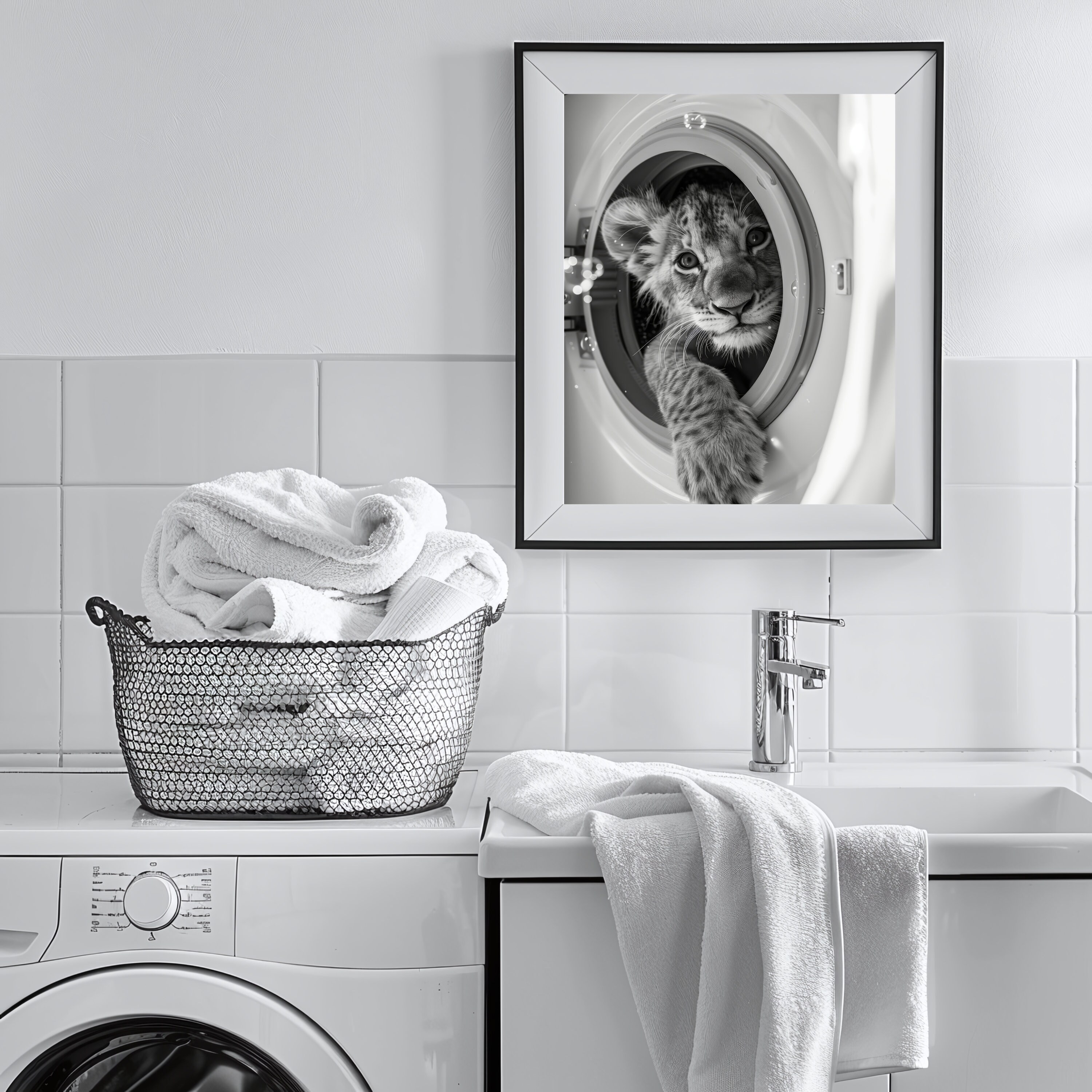 Cute Lion Cub in Washing Machine Print, Laundry Print, Laundry Room ...