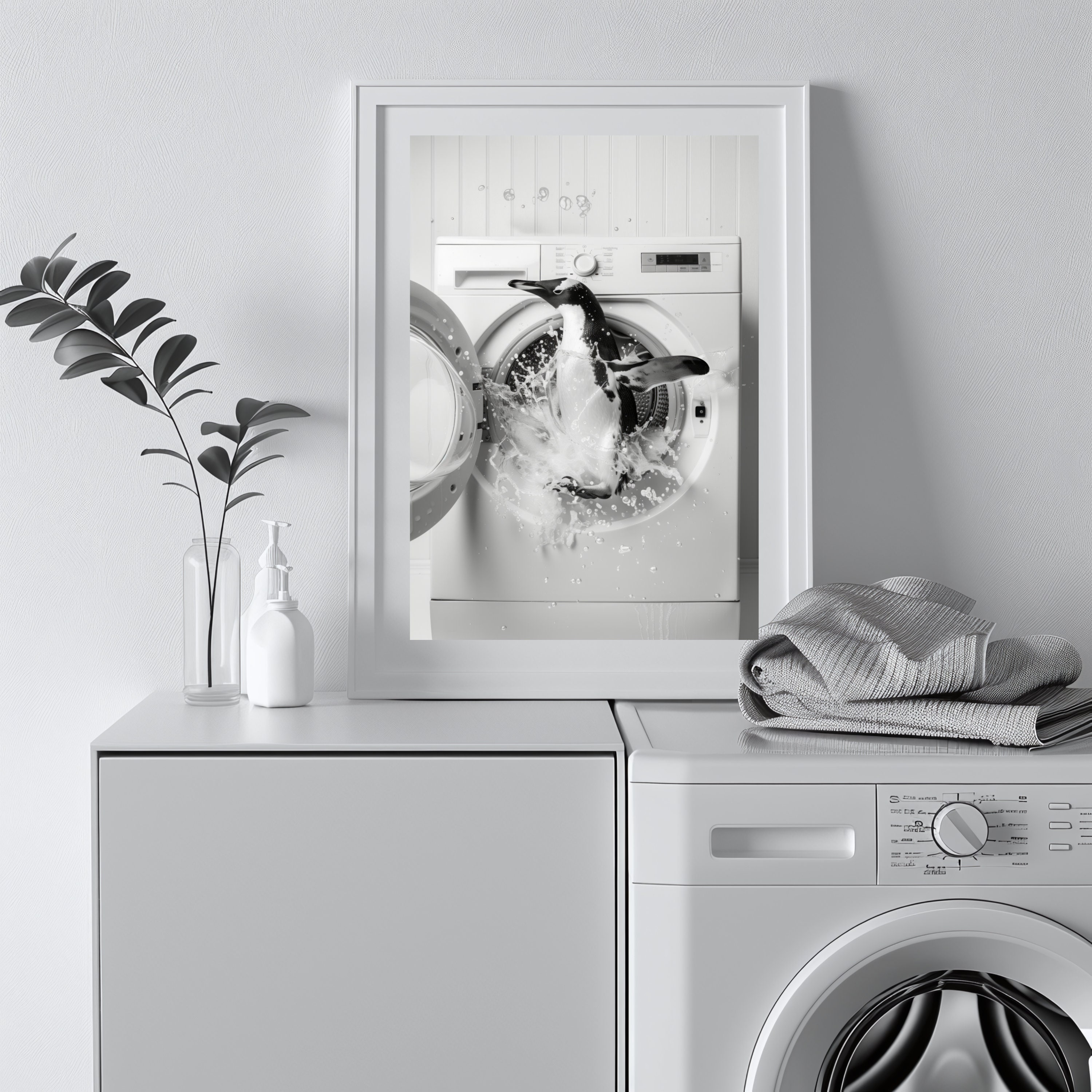 Penguin in the Washing Machine, Laundry Room Print, Washing Room Decor ...