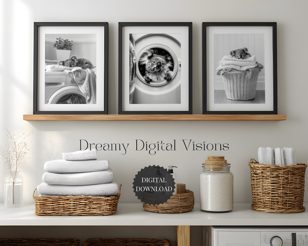Cute Koala Laundry Room Wall Art, Set of 3 Black and White Cute Animal ...