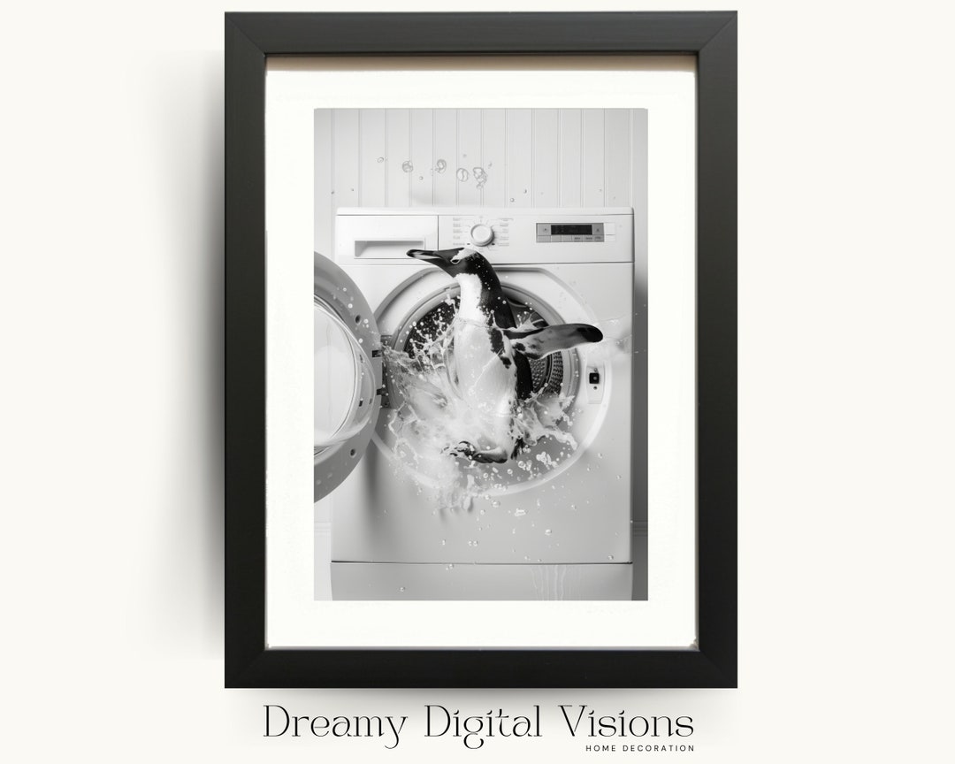 Penguin in the Washing Machine, Laundry Room Print, Washing Room Decor ...