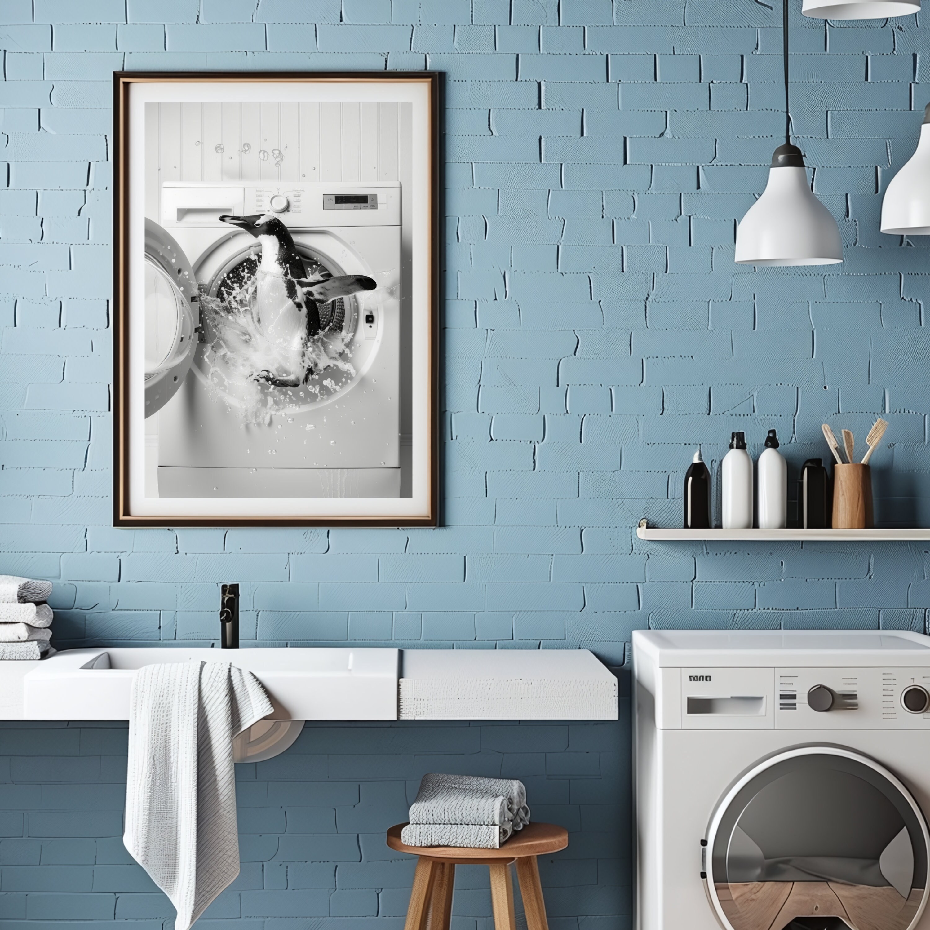 Penguin in the Washing Machine, Laundry Room Print, Washing Room Decor ...