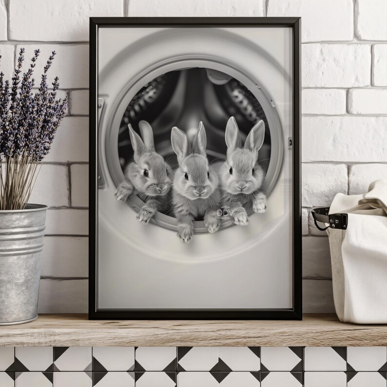 Cute Baby Bunny Rabbits in a Washing Machine Laundry Room Print, Animal ...