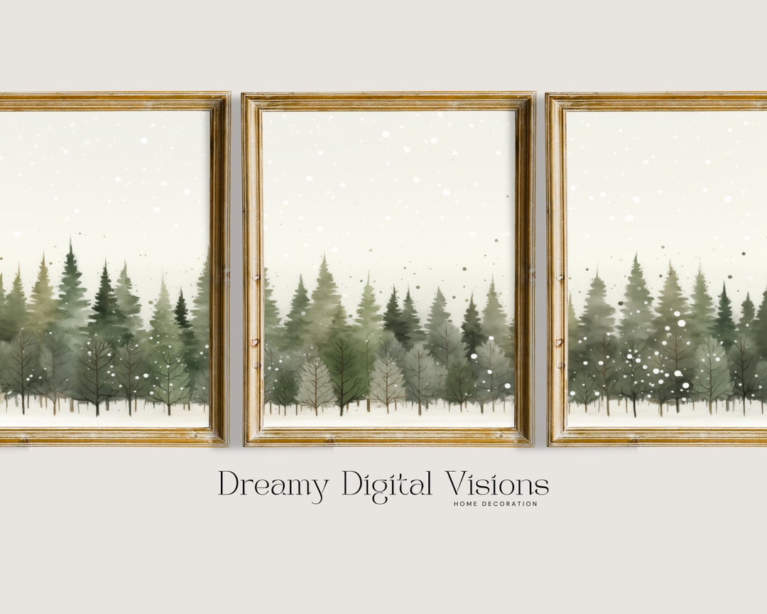 Snowy Evergreen Tree Wall Art Set of 3, Winter Landscape Printable ...