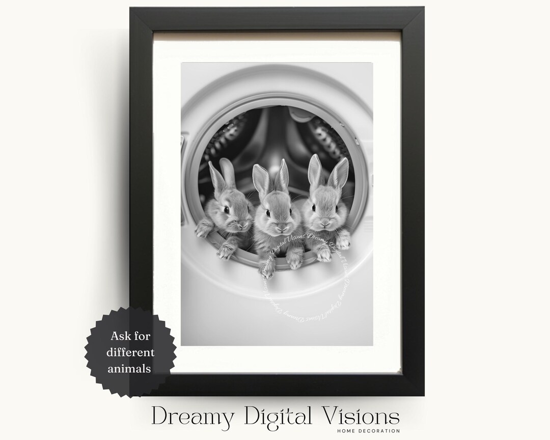Cute Baby Bunny Rabbits in a Washing Machine Laundry Room Print, Animal ...