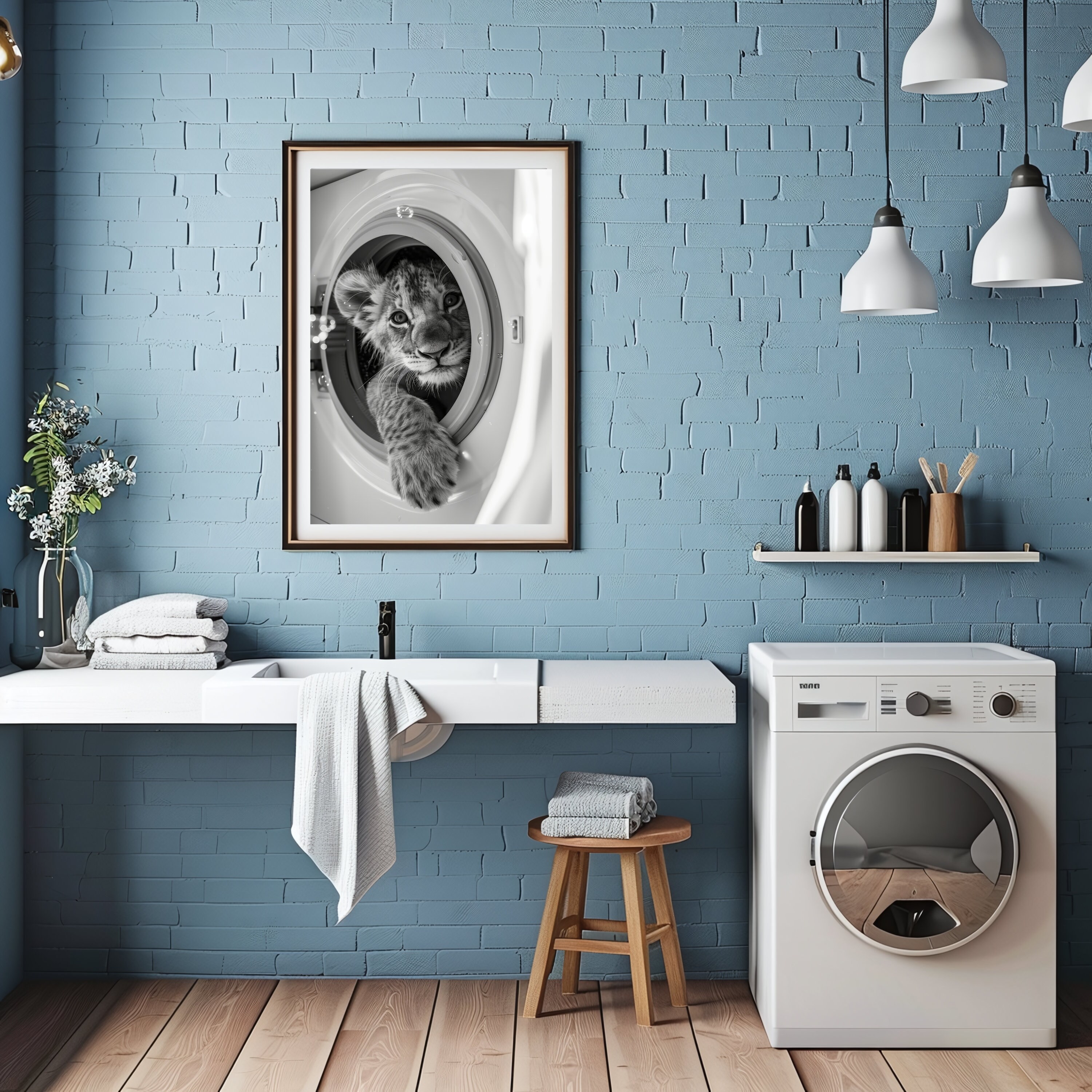 Cute Lion Cub in Washing Machine Print, Laundry Print, Laundry Room ...